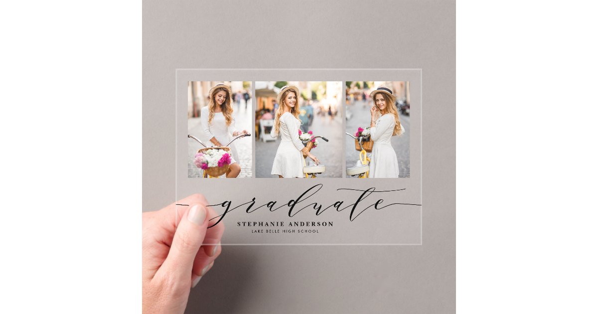 Black Dainty Script Three Photo Graduation Acrylic Invitations | Zazzle