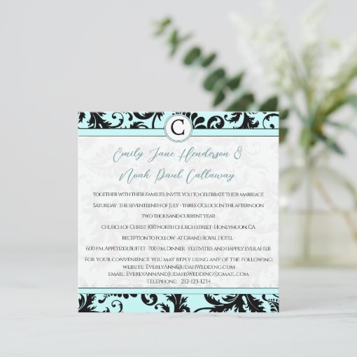 Black Damask Aqua Blue Wedding Invitation | Zazzle