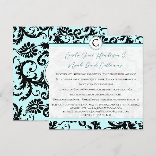 Black Damask Aqua Blue Wedding Invitation | Zazzle