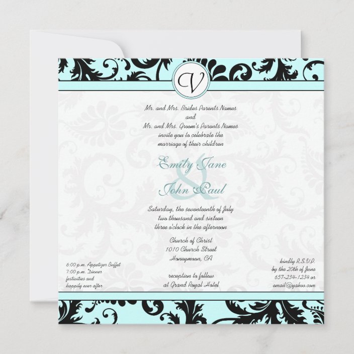 Black Damask Aqua Blue Wedding Invitation | Zazzle.com