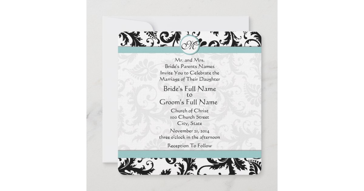 Black Damask Aqua Pool Blue Wedding Invitation | Zazzle