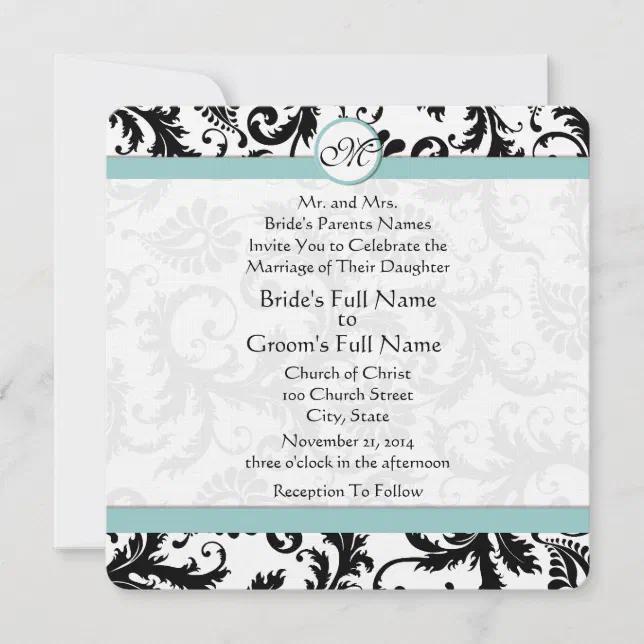 Black Damask Aqua Pool Blue Wedding Invitation | Zazzle