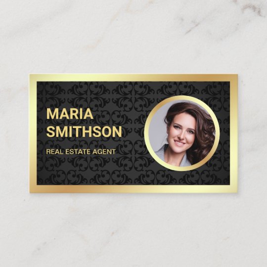Black Damask Gold Foil Photo Real Estate Agent Business Card | Zazzle.com