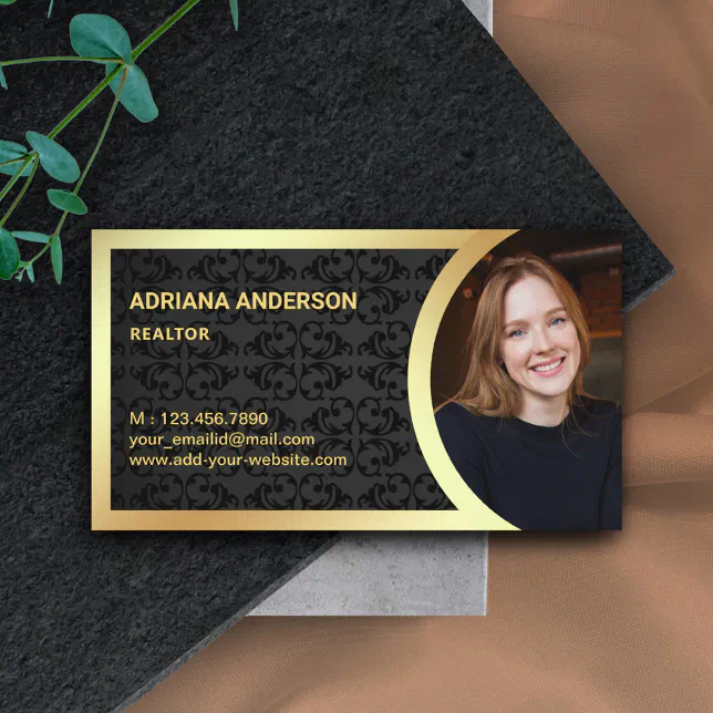 Black Damask Gold Foil Real Estate Photo Realtor Business Card | Zazzle