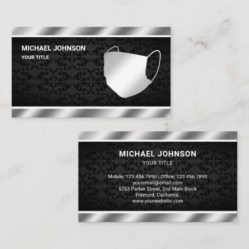 Black Damask Metallic Steel Face Mask Business Card | Zazzle