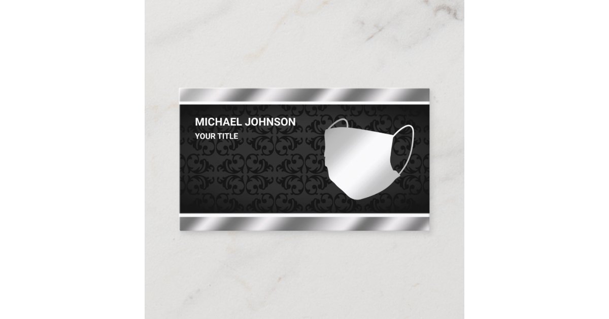Black Damask Metallic Steel Face Mask Business Card | Zazzle