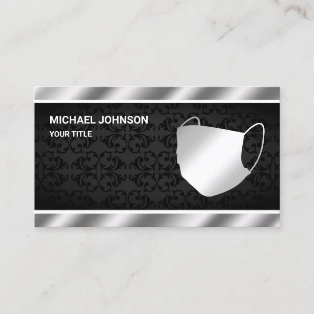 Black Damask Metallic Steel Face Mask Business Card | Zazzle
