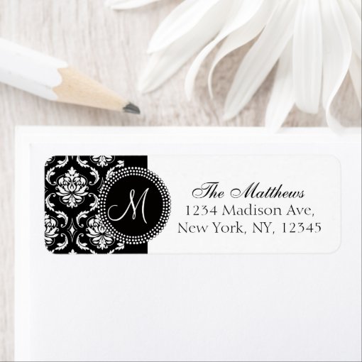 Black Damask Monogram Return Address Label | Zazzle