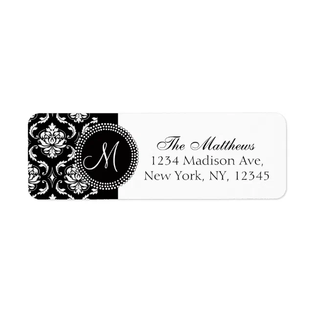 Black Damask Monogram Return Address Label | Zazzle