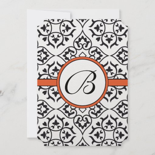 Black Damask Side Borders Orange Trim Wedding Invitation | Zazzle
