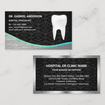Black Damask Steel Tooth Dental Clinic Dentist Business Card | Zazzle