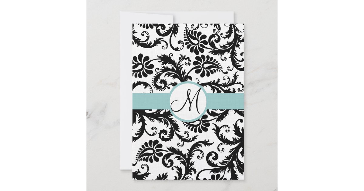 Black Damask Swirls Aqua Trim Wedding Invitation | Zazzle
