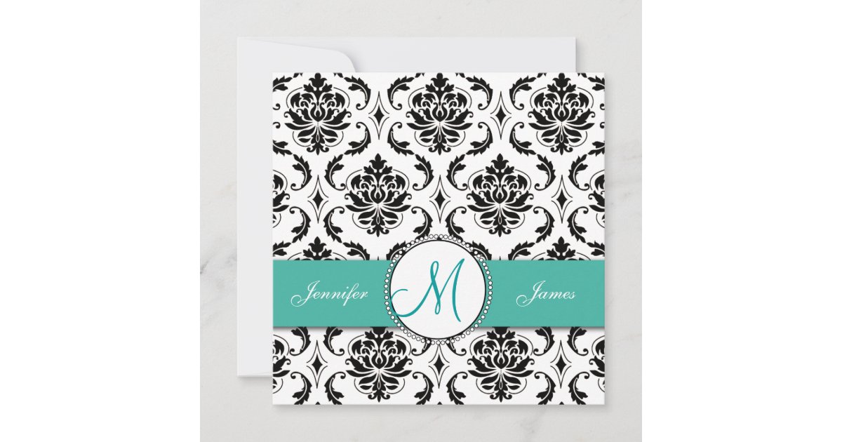 Black Damask Turquoise Monogram Wedding Invitation | Zazzle