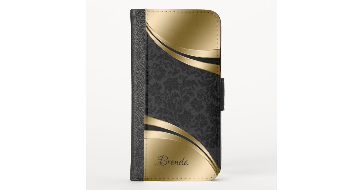 Black damask with gold geometric accent iPhone wallet case | Zazzle
