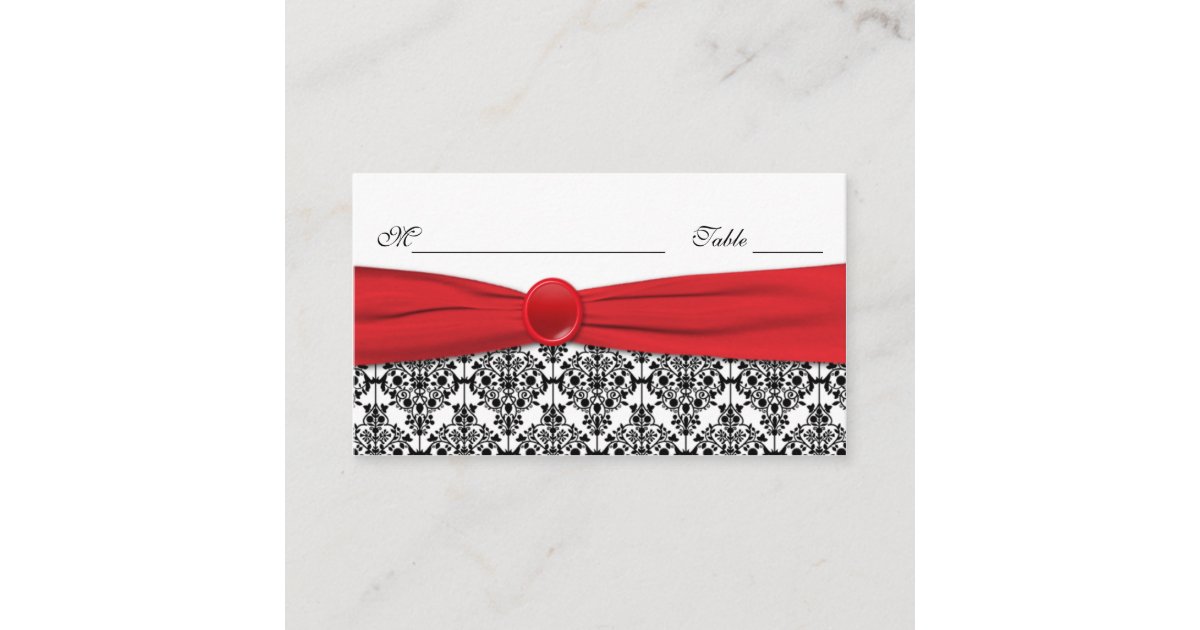 Black Damask with Poppy Red Placecards | Zazzle