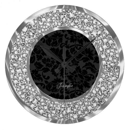 Black Damasks Sparkling Faux Diamonds Glitter Large Clock | Zazzle.com