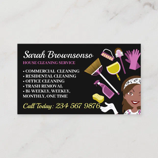Black Dark Skin Janitorial Lady House Cleaning Business Card | Zazzle