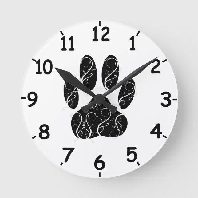 Black Dog Paw Print With White Flourishes and Dial Round Clock | Zazzle
