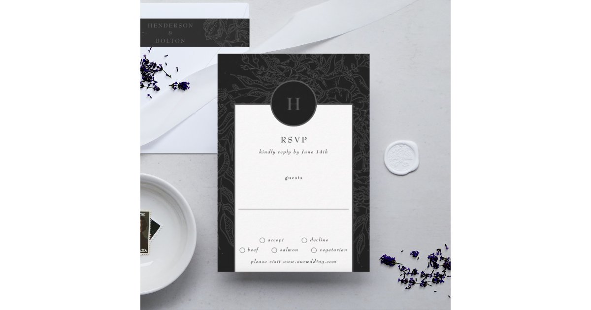 Black Dramatic Elegant Monogram Floral Wreath RSVP Card | Zazzle