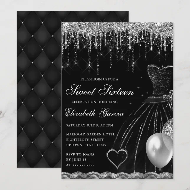 Black Dress and Silver Dripping Glitter Sweet 16 Invitation | Zazzle