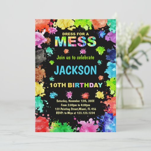 Black Dress For Mess Paint Birthday Invitations | Zazzle