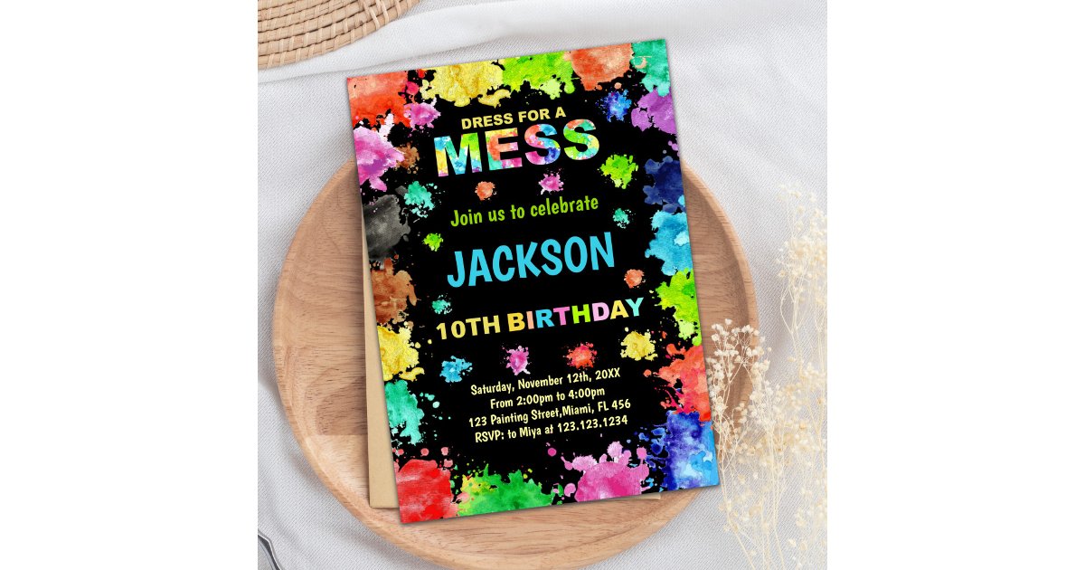 Black Dress For Mess Paint Birthday Invitations | Zazzle