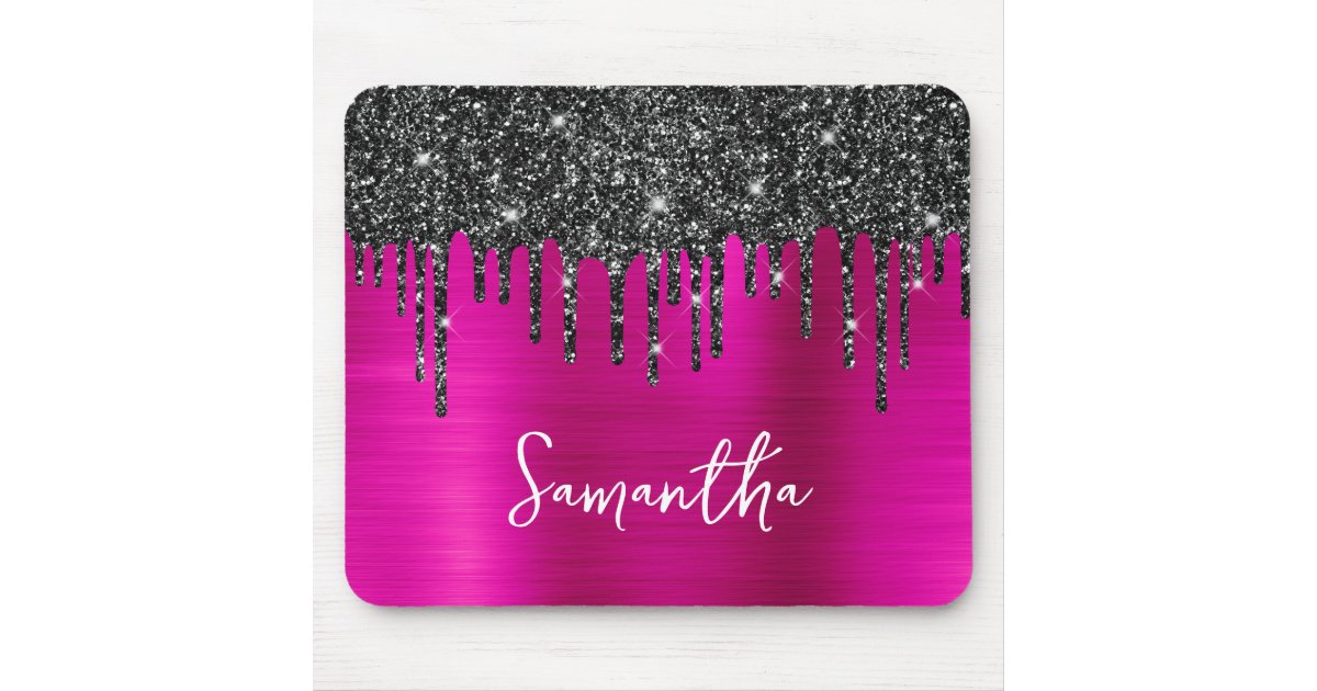 Black Dripping Glitter Hot Pink Glam Name Mouse Pad | Zazzle