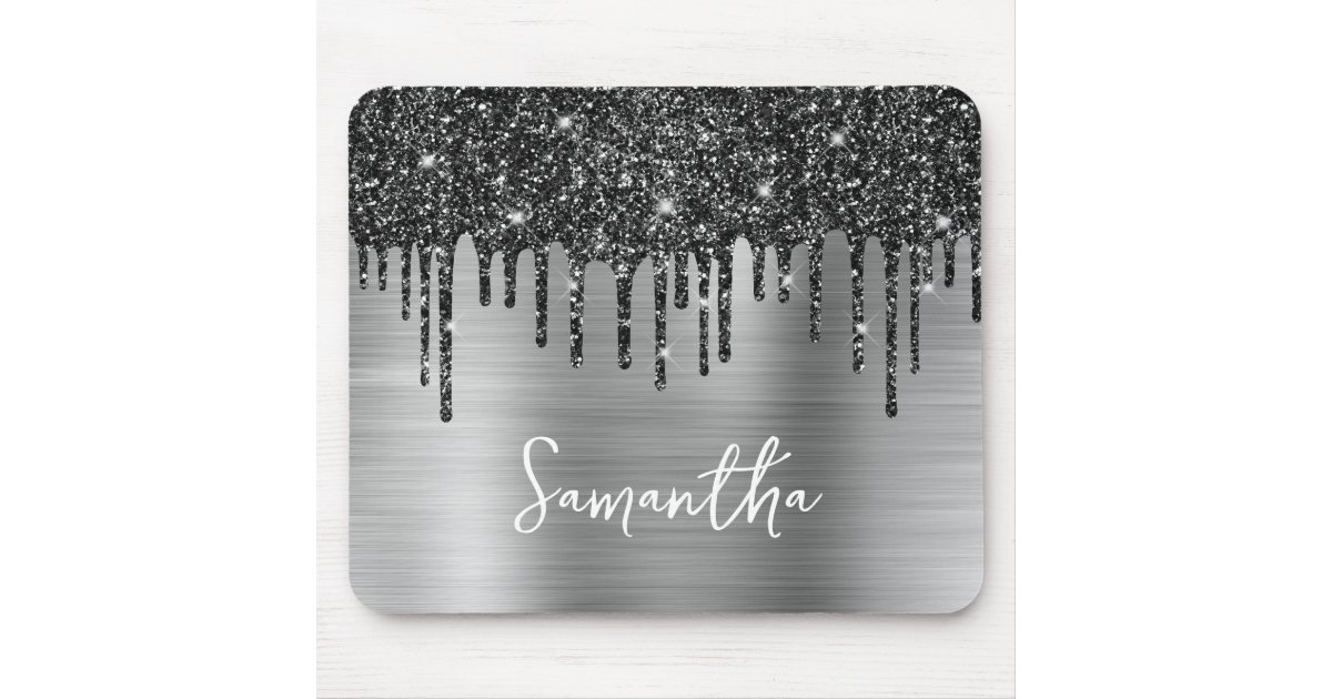 Black Dripping Glitter Silver Glam Name Mouse Pad | Zazzle