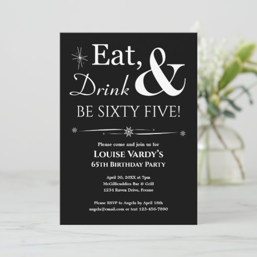 Black Eat Drink Be Sixty Five 65th Birthday Retro Invitation | Zazzle