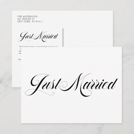Black Elegant Bold Calligraphy Just Married Announcement Postcard | Zazzle