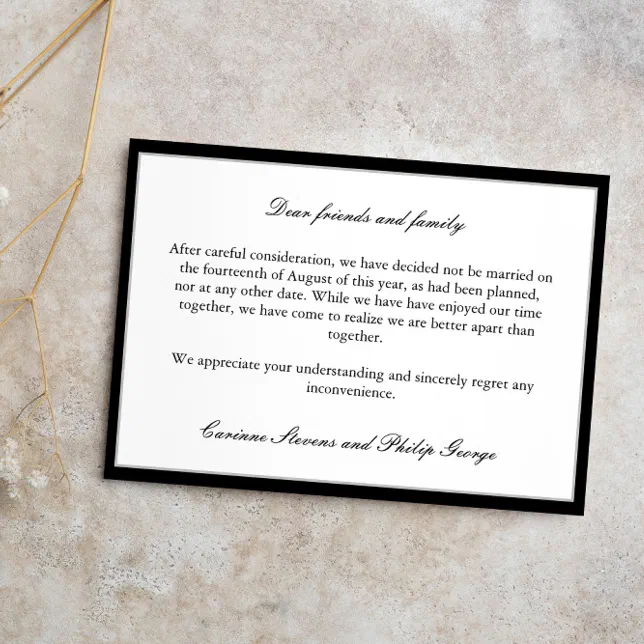 Black Elegant Broken Engagement Cancelled Wedding Invitation | Zazzle