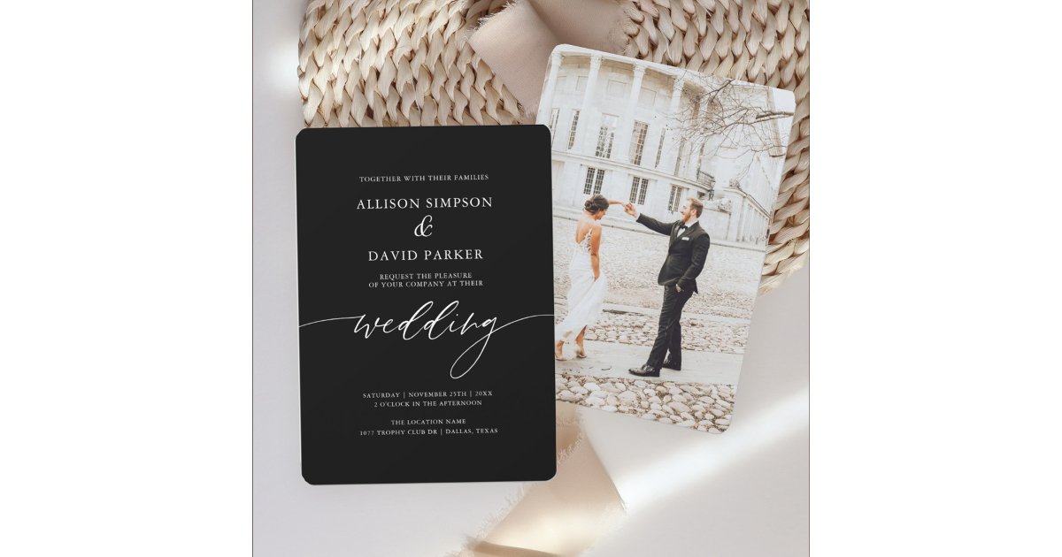 Black Elegant Calligraphy Photo Wedding Invitation | Zazzle