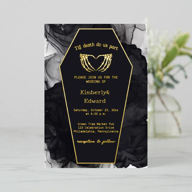 Black Elegant Coffin Gothic Halloween Wedding Foil Invitation | Zazzle