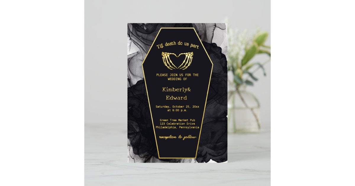 Black Elegant Coffin Gothic Halloween Wedding Foil Invitation | Zazzle