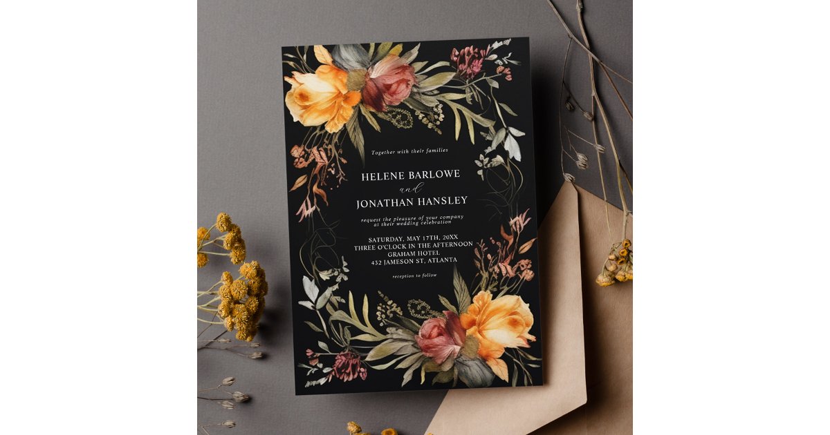 Black Elegant Floral Wedding Invitation | Zazzle