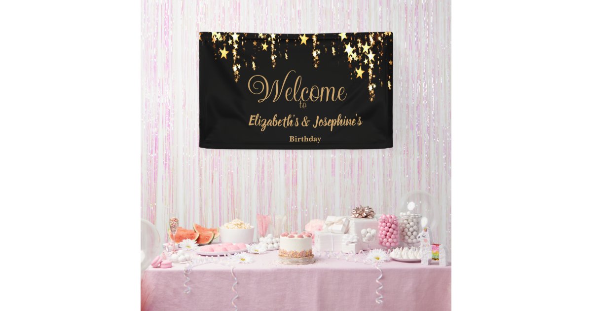 Black elegant & gold stars double joint birthday banner | Zazzle