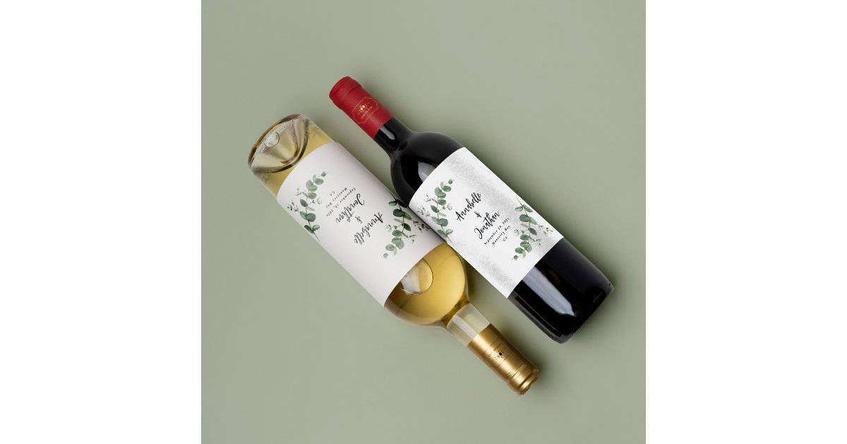 Black elegant modern eucalyptus wedding wine label | Zazzle