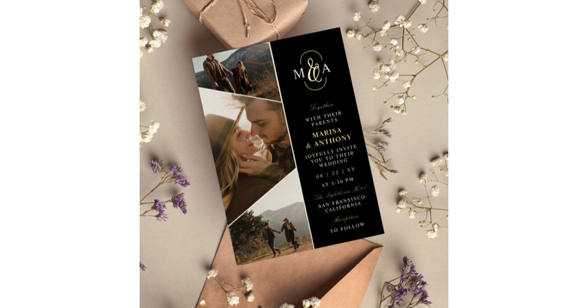Black Elegant Monogram Asymmetrical Photos Wedding Foil Invitation | Zazzle