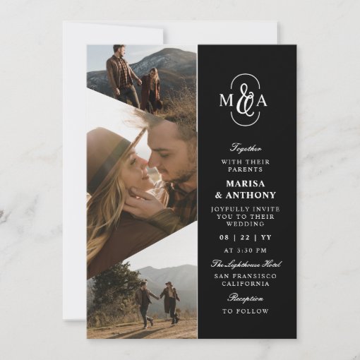 Black Elegant Monogram Asymmetrical Photos Wedding Invitation | Zazzle