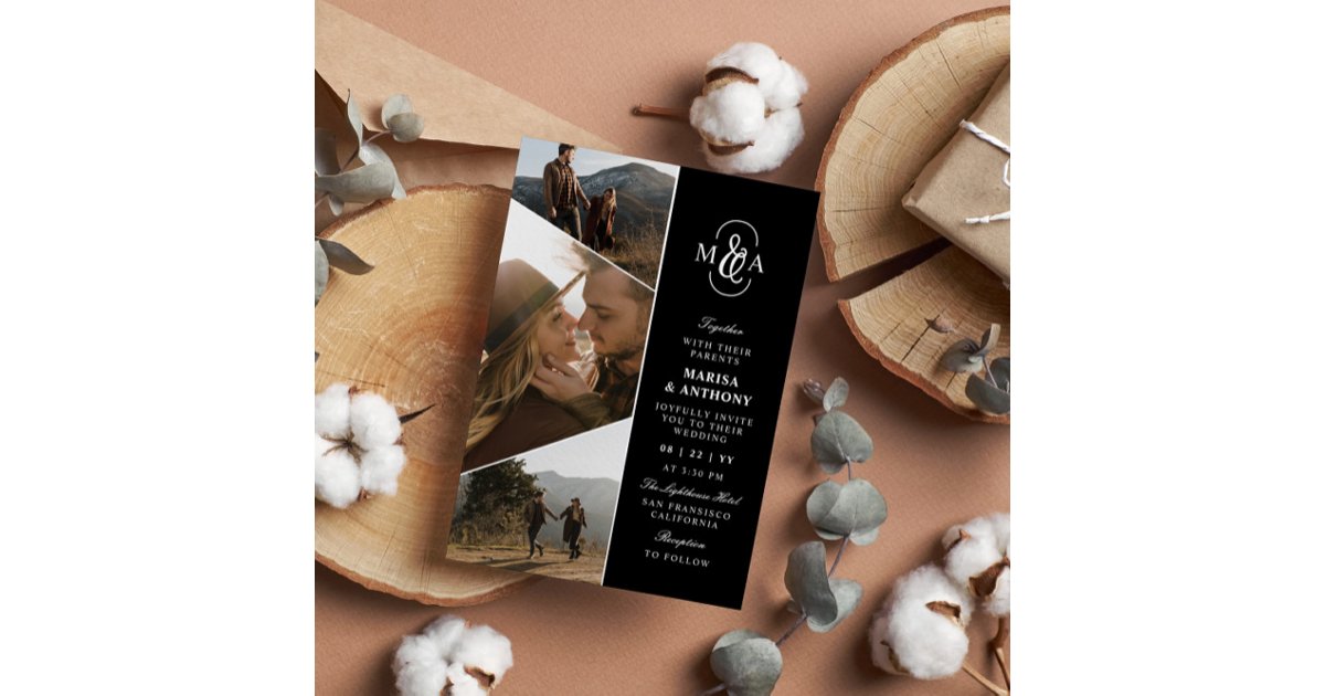 Black Elegant Monogram Asymmetrical Photos Wedding Invitation | Zazzle