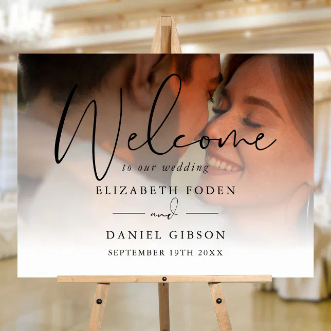 Black Elegant Script Photo Wedding Welcome Sign | Zazzle