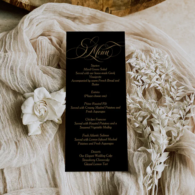 Black Elegant Script Wedding Menu | Zazzle