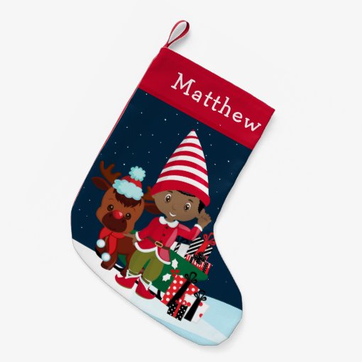 Black Elf Boy with Rudolph Small Christmas Stocking | Zazzle