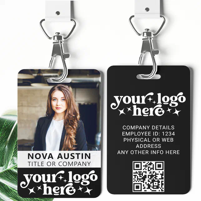 Black Employee Photo ID With QR Code Business Logo Badge | Zazzle
