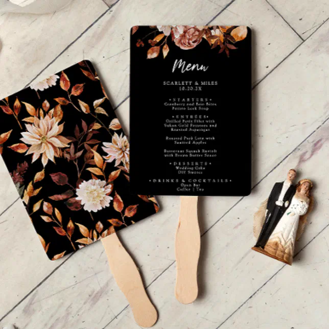 Black Fall Floral Menu Set of Fans | Zazzle