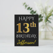 Black, Faux Gold 13th Birthday + Custom Name Postcard | Zazzle