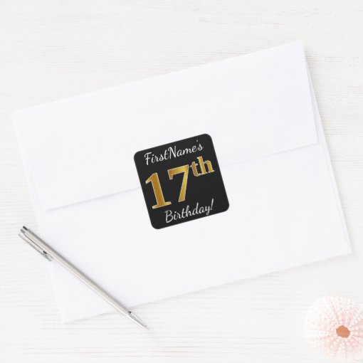 Black, Faux Gold 17th Birthday + Custom Name Square Sticker | Zazzle