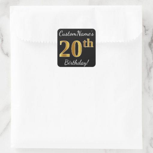 Black, Faux Gold 20th Birthday + Custom Name Square Sticker | Zazzle