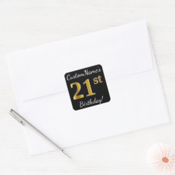 Black, Faux Gold 21st Birthday + Custom Name Square Sticker | Zazzle