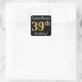 Black, Faux Gold 39th Birthday + Custom Name Square Sticker | Zazzle
